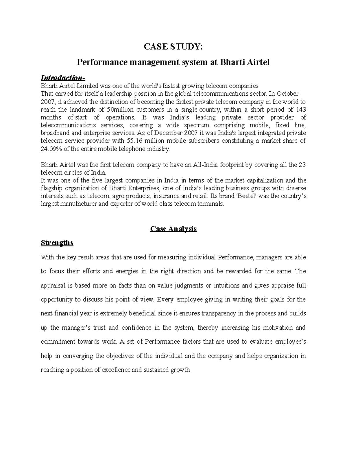 CASE Study: Performance Management Insights from Bharti Airtel - Studocu
