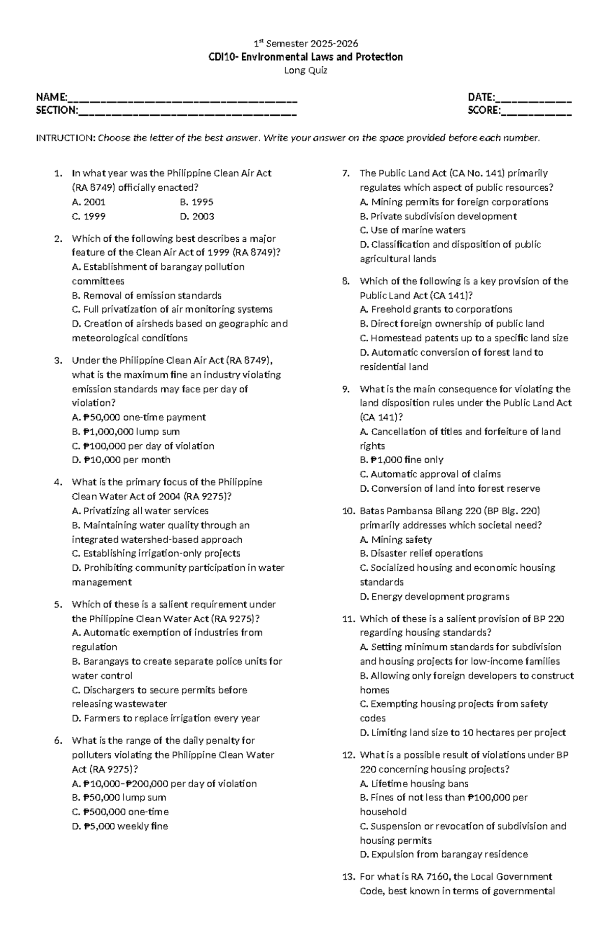CDI10 - 1st Semester Environmental Laws & Protection Long Quiz - Studocu