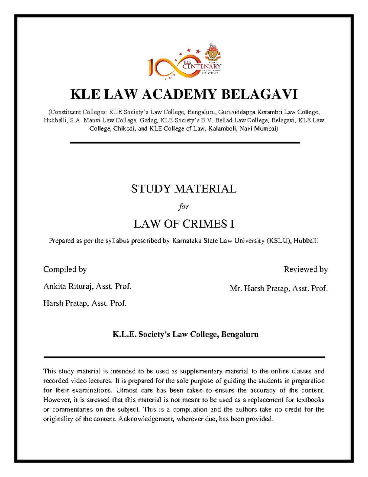 13law of crimes I - Bjkkk - KLE LAW ACADEMY BELAGAVI (Constituent ...