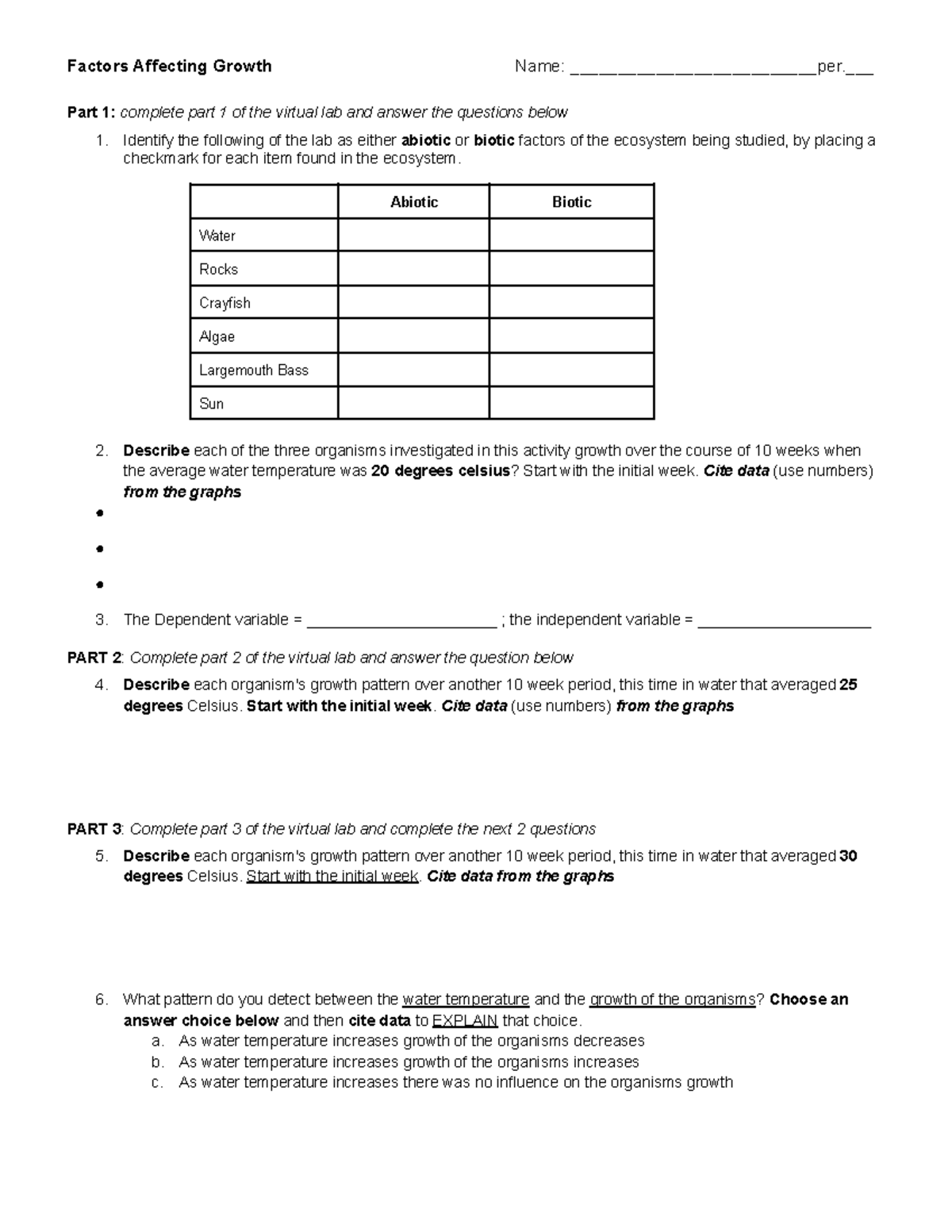 Factors Affecting Growth (Student Answer Sheet) 2021 - Factors ...