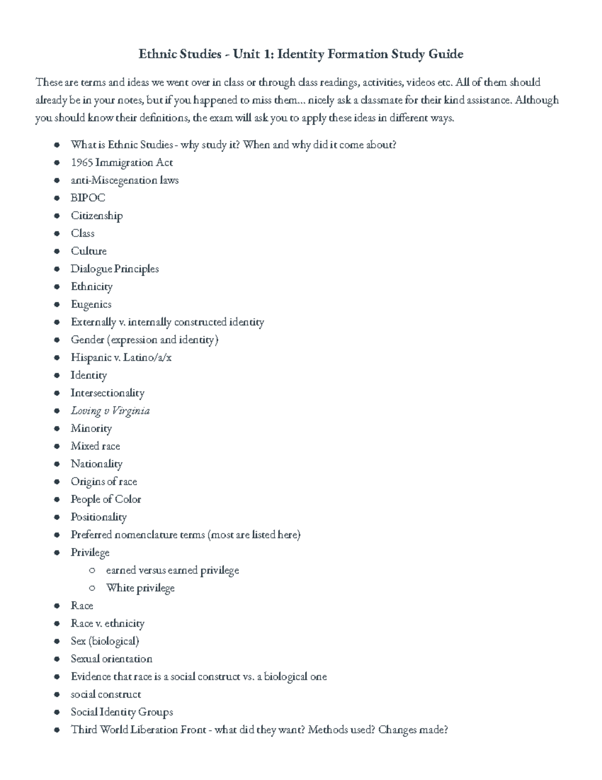 Ethnic Studies - Unit 1: Identity Formation Vocabulary Study Guide ...