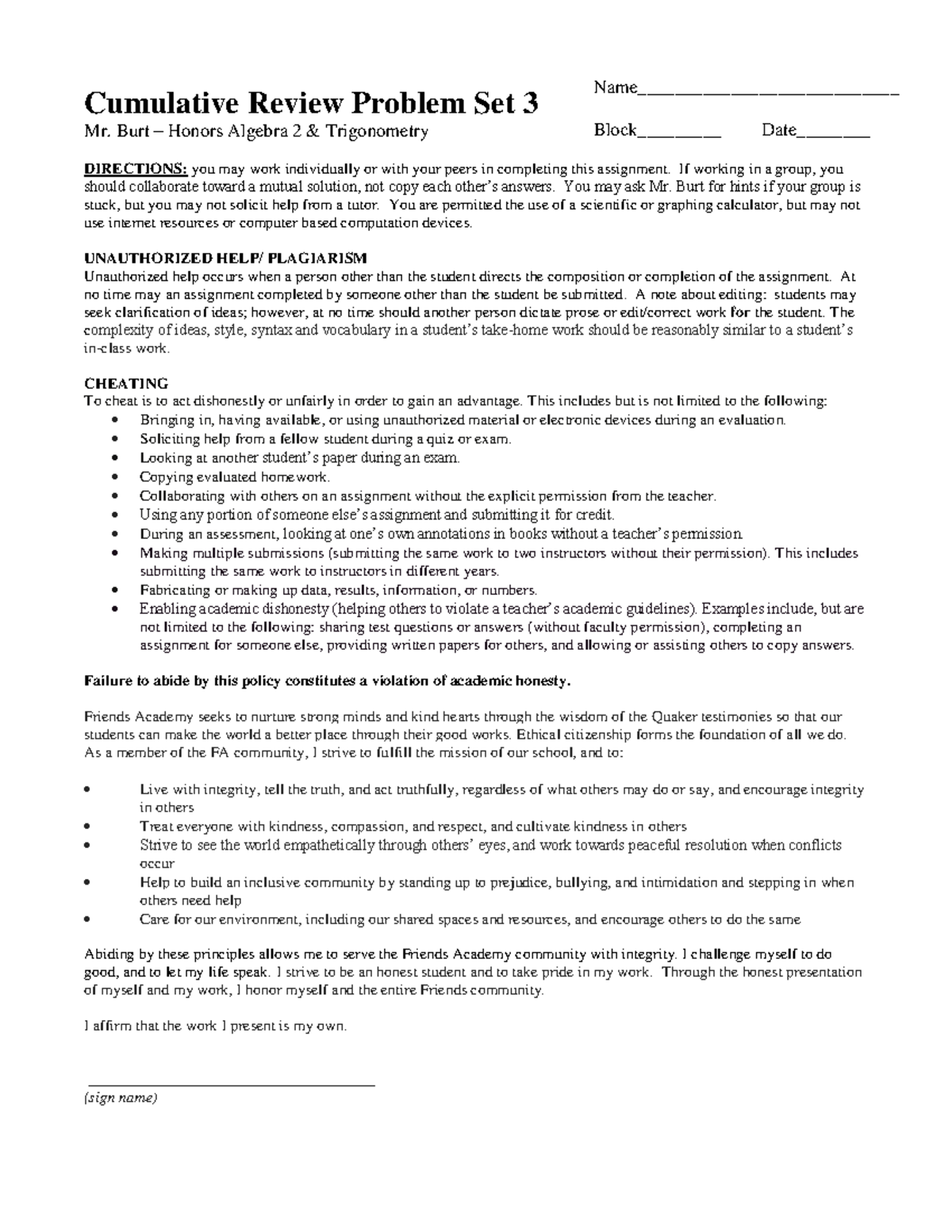 Cumulative Review Problem Set 3 23 - Burt – Honors Algebra 2 ...
