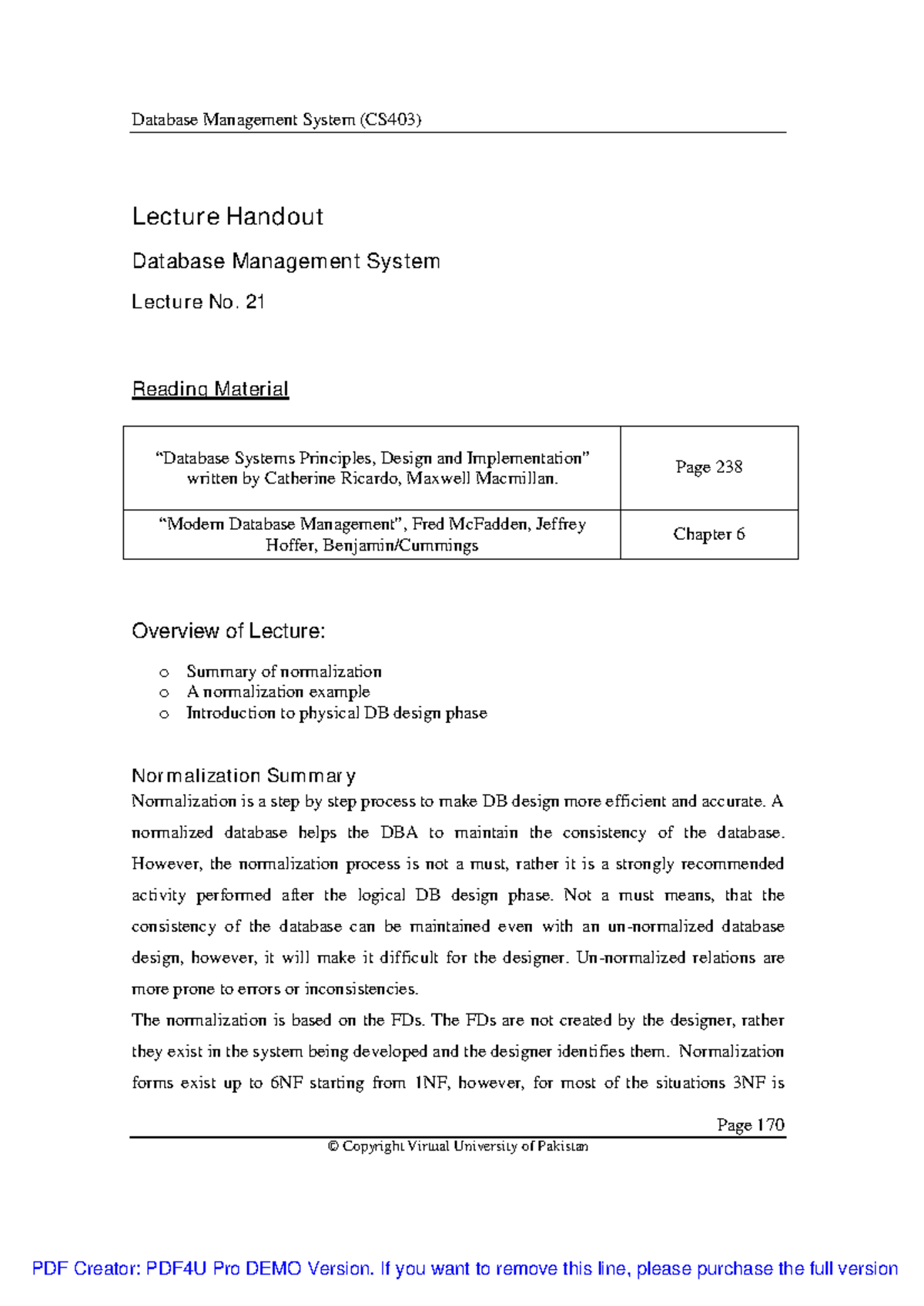 Database Management System (CS403) Lecture 21: Normalization & Design Principles - Studocu