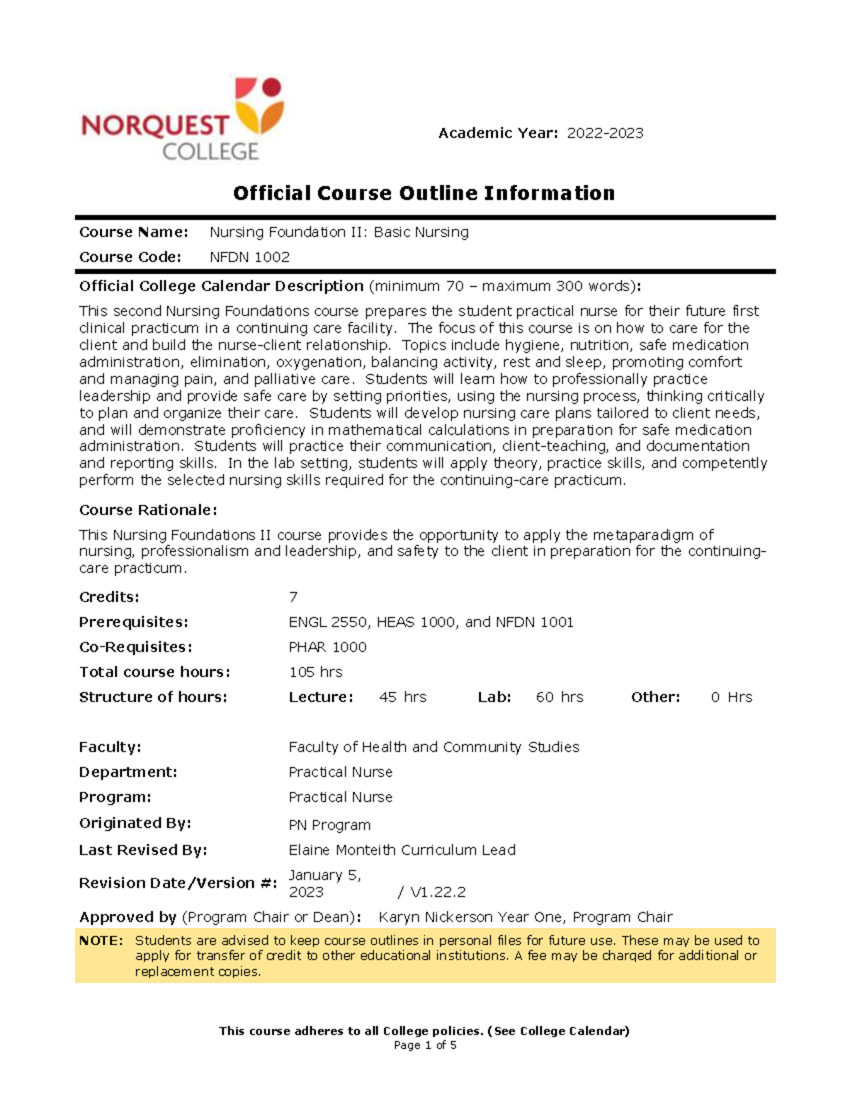 NFDN 1002 Nursing Foundations II: Comprehensive Course Outline V1 - Studocu