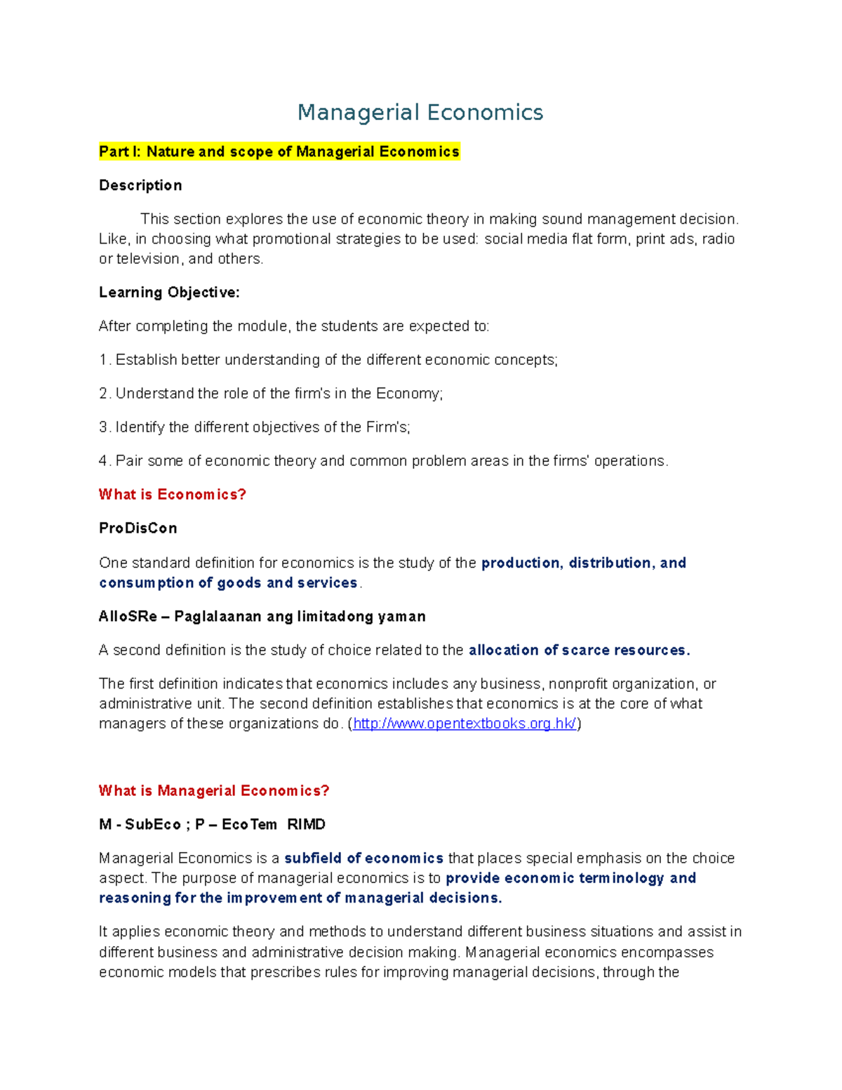 Managerial Economics for lecture note - Managerial Economics Part I ...