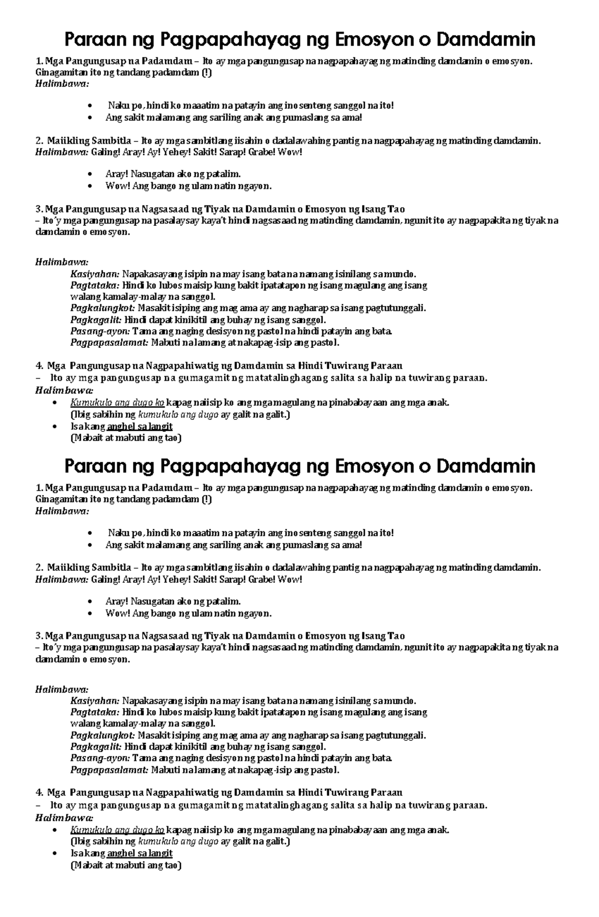 Ibat ibang Paraan ng Pagpapahayag ng Damdamin at Emosyon - Studocu