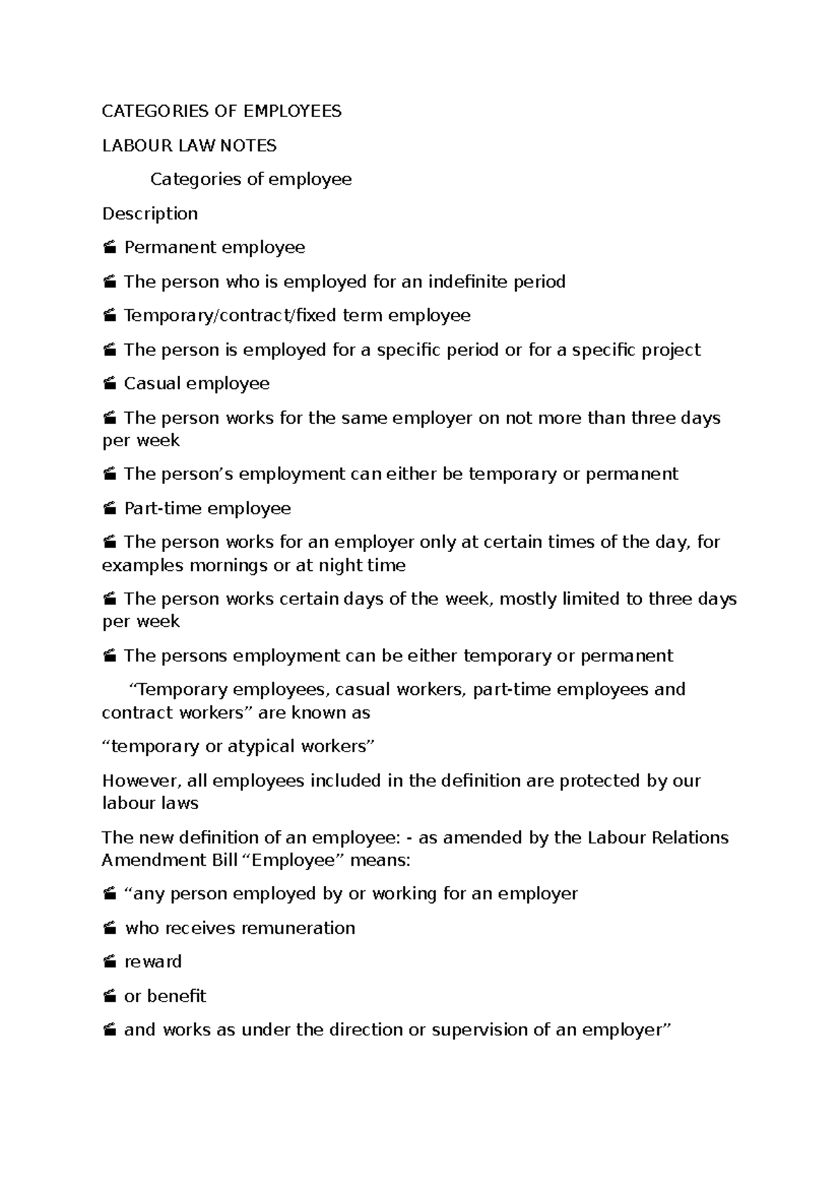Labour Law Notes: Categories of Employees Explained - Studocu