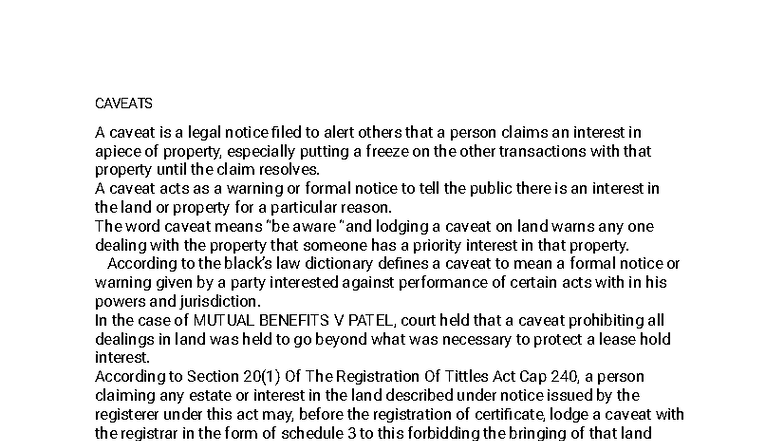 CAVEATS: Legal Notices and Their Implications (RTA Cap 240) - Studocu