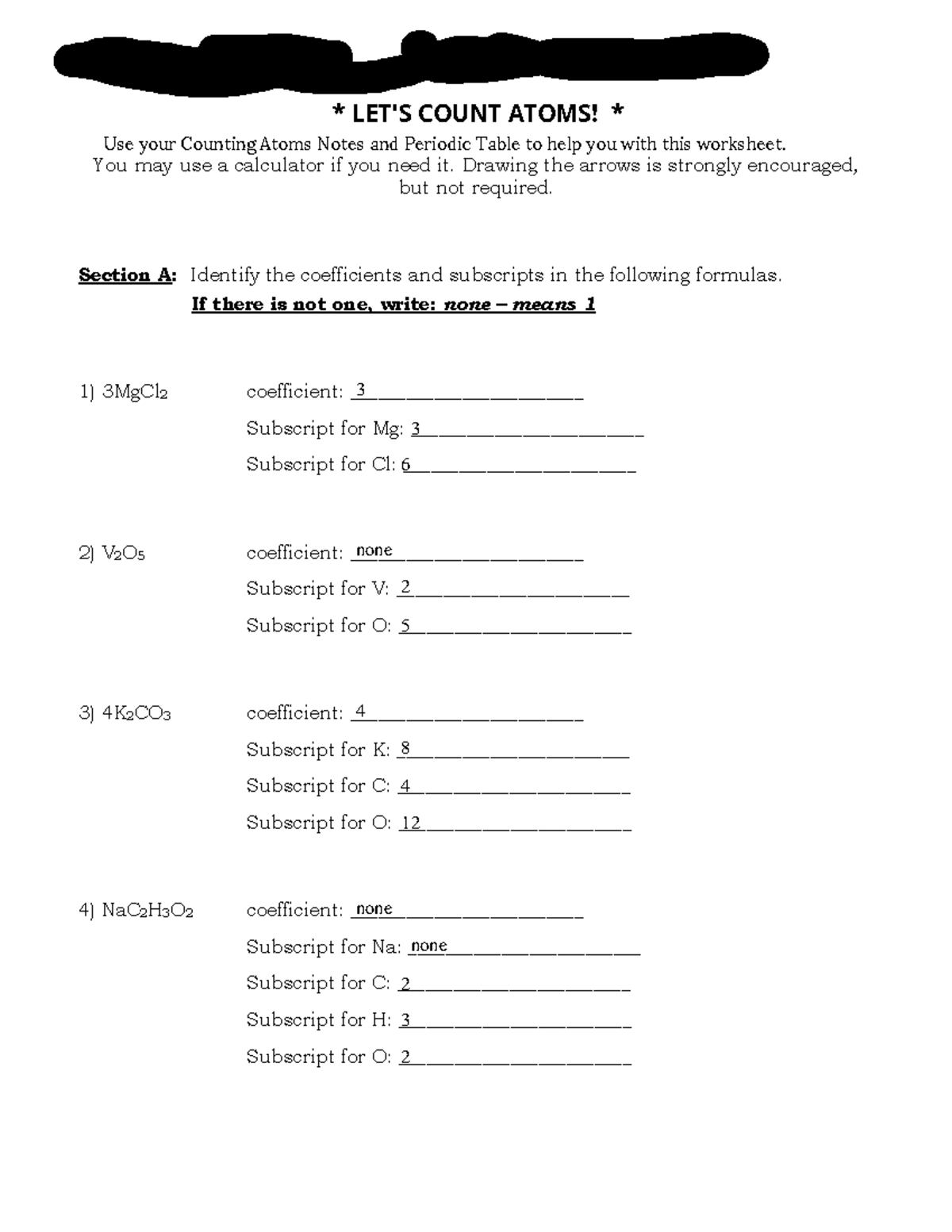 Counting Atoms Worksheet: Practice with Coefficients & Subscripts - Studocu