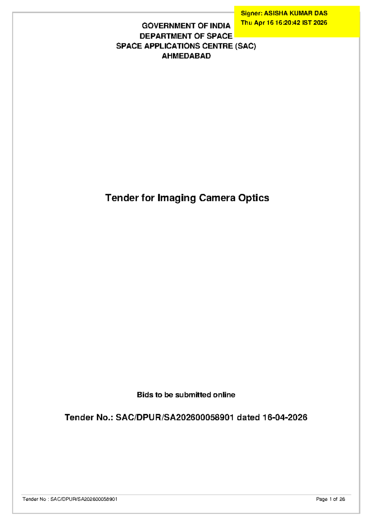 Tender Document for Imaging Camera Optics - SA202600058901 - Studocu