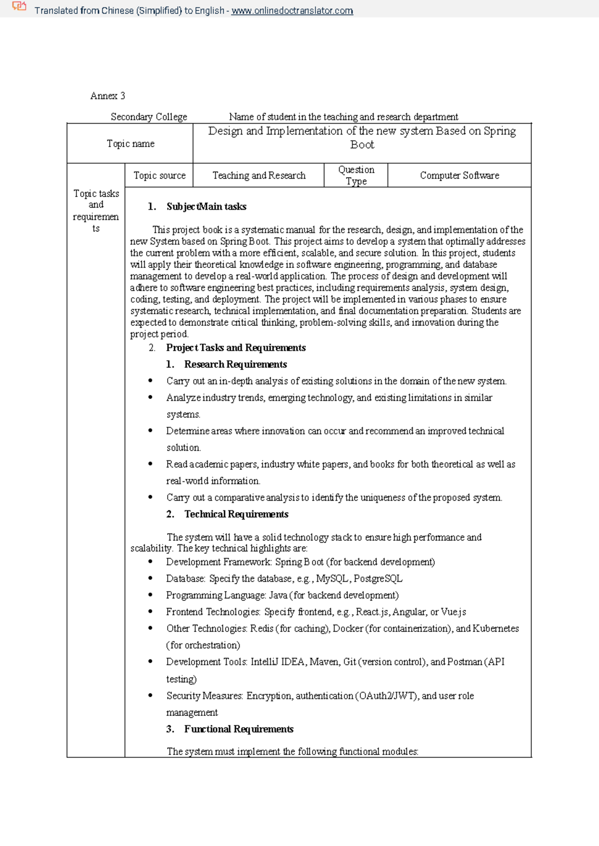 Task Book for Graduation Design - Annex 3 Secondary College Name of ...