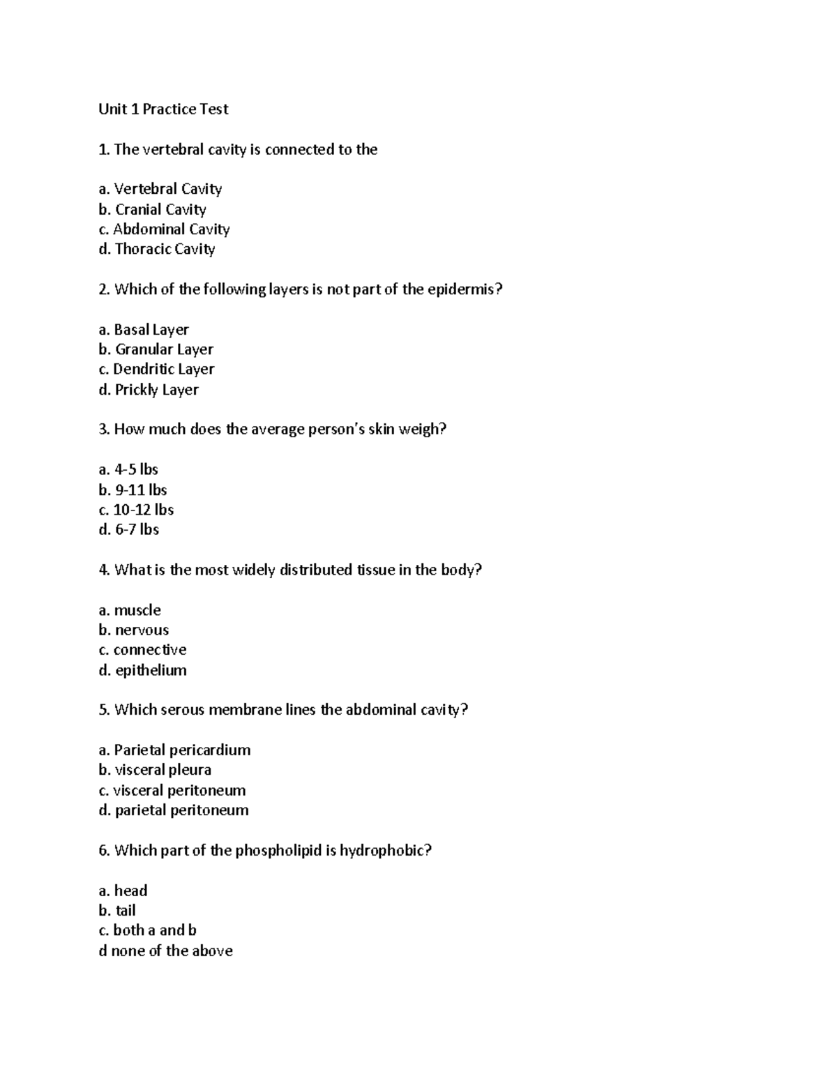 Unit 1 Anatomy Practice Test - Key Concepts & Review Questions - Studocu