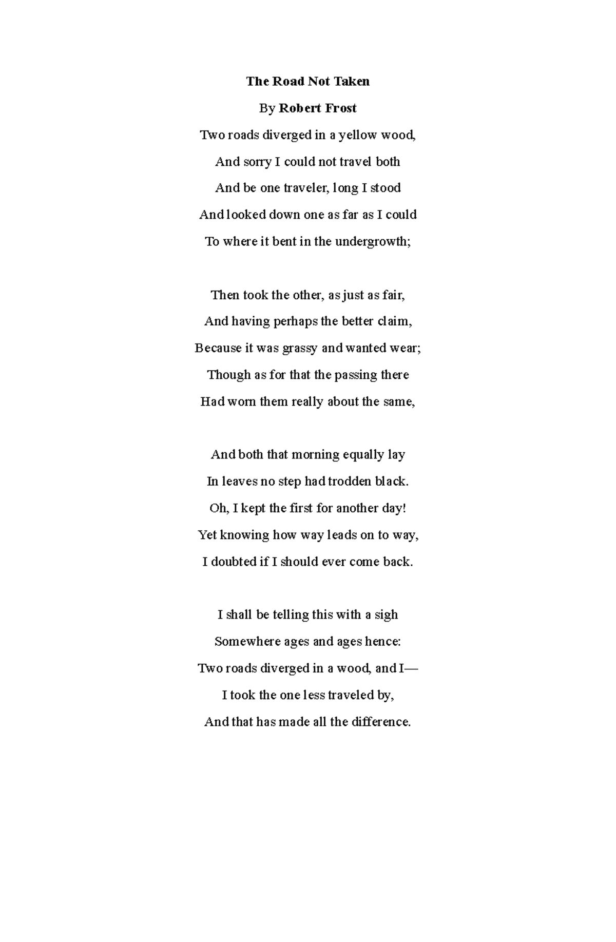 The Road Not Taken - Poem activity - The Road Not Taken By Robert Frost ...