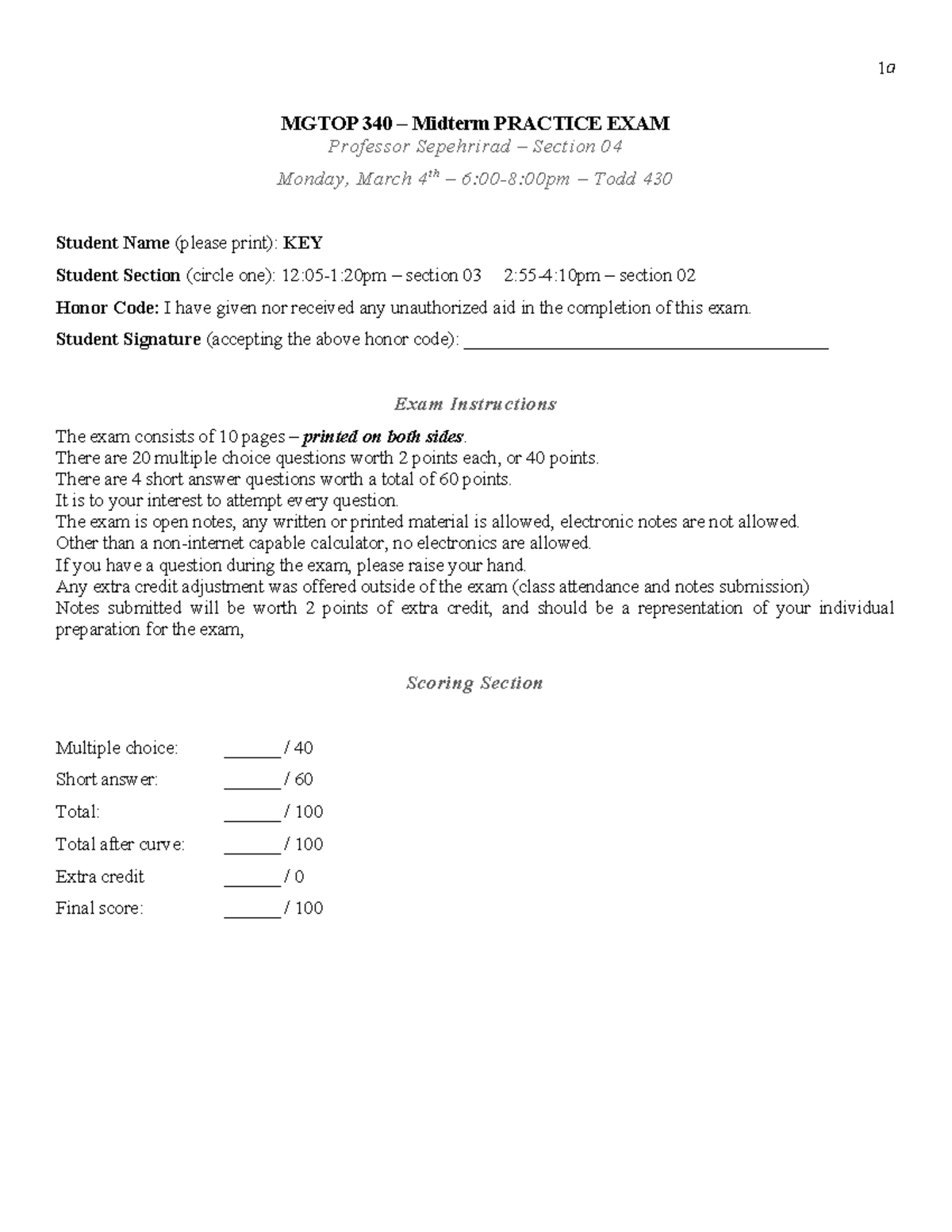 MGTOP 340 - Midterm Exam - Practice Key and Instructions - Studocu