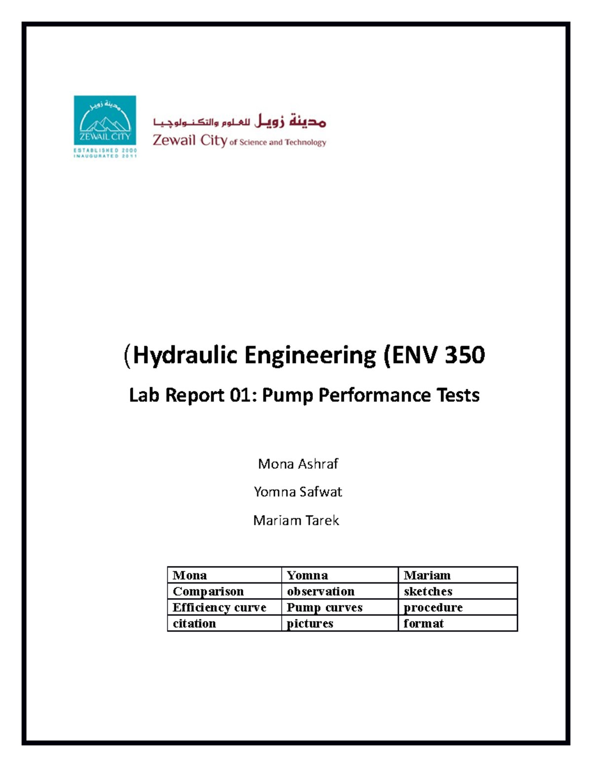 Hydraulic Engineering Lab Report (ENV 350): Pump Performance Tests ...