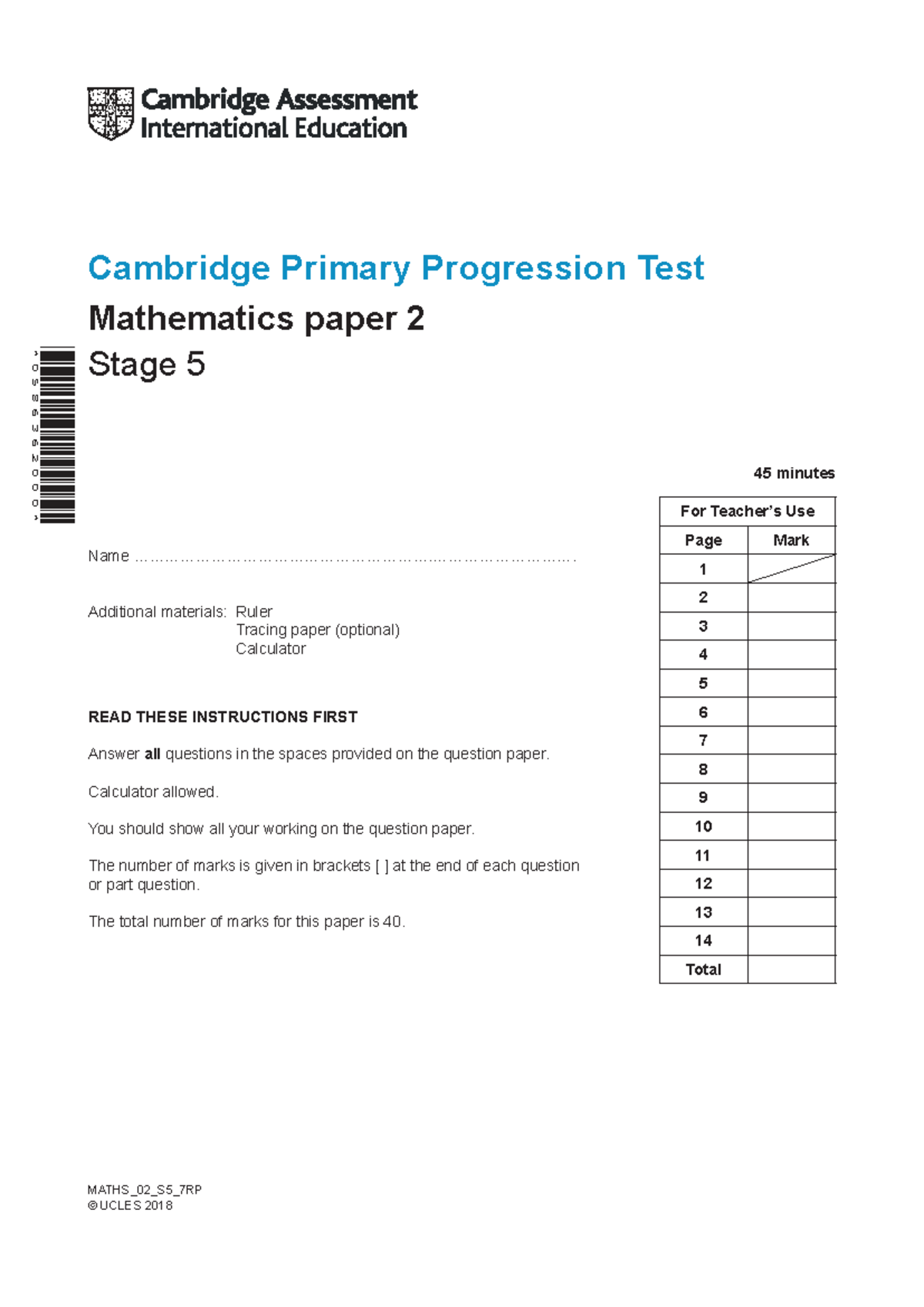 Cambridge Primary Progression Test - MATHS_02_S5_2018 Paper 2 - Studocu