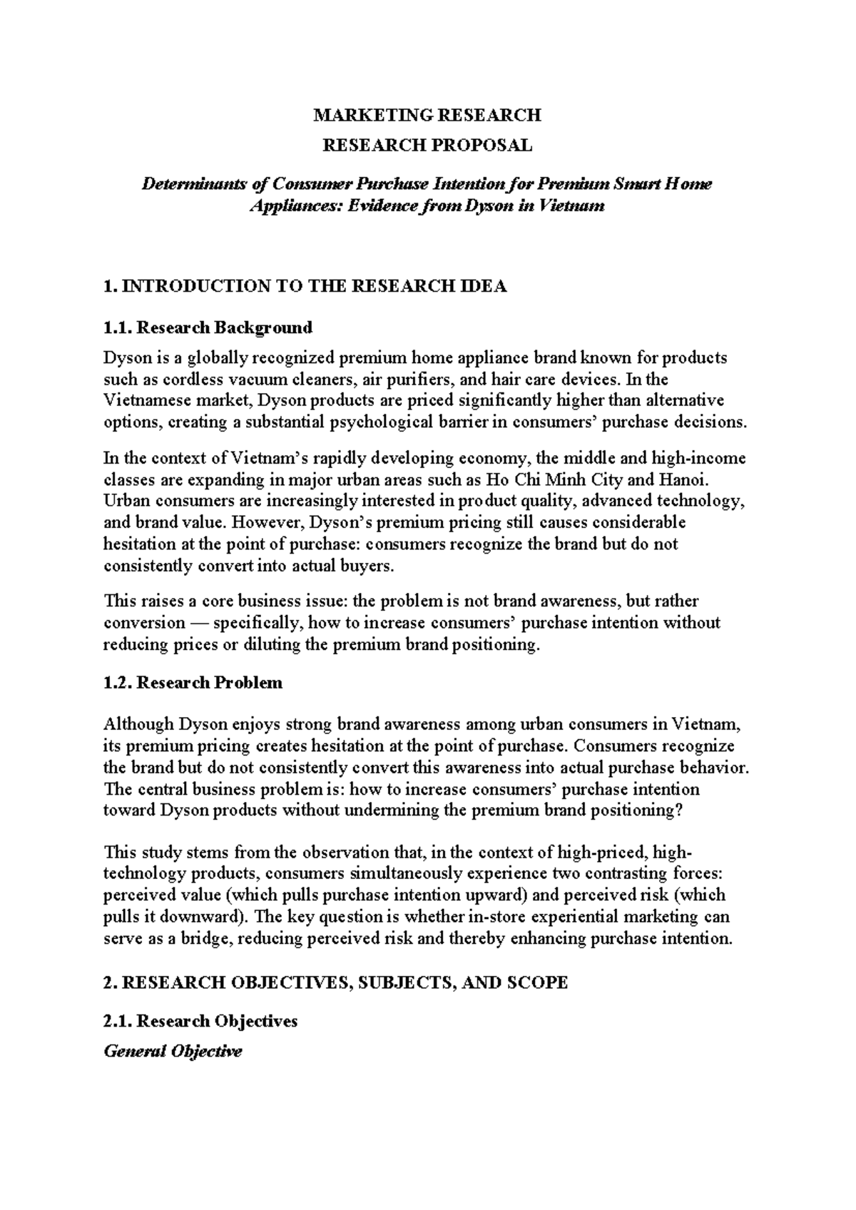 MARKETING RESEARCH PROPOSAL: Consumer Purchase Intention for Dyson ...