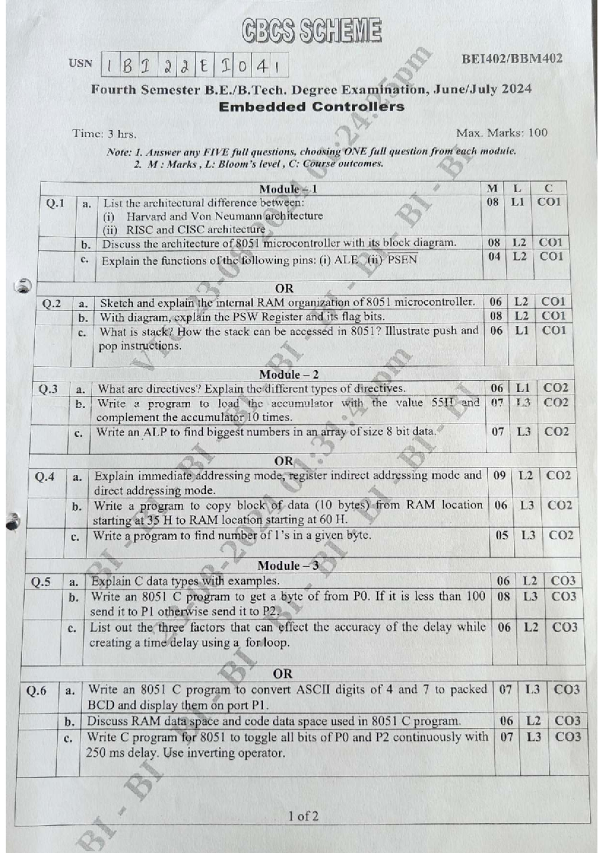 CBCS Scheme USN Fourth Semester B.E. Degree Examination, 2024 Embedded - Studocu