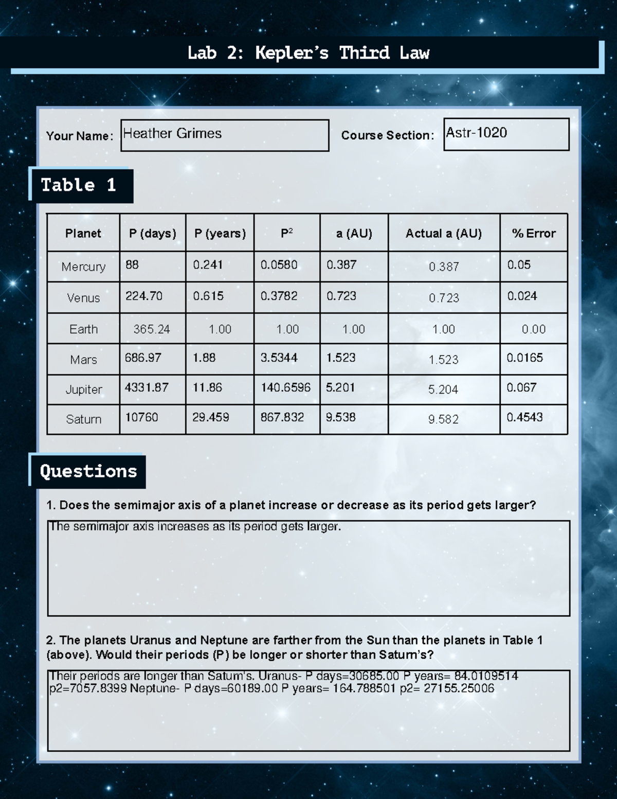 Lab 2: Exploring Kepler's 3rd Law of Planetary Motion - Studocu