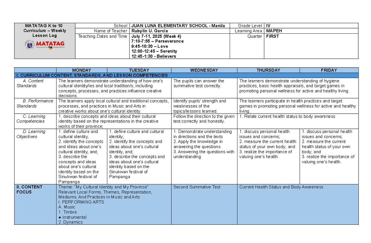 MATATAG K to 10 Curriculum Weekly Lesson Log: MAPEH G4 Week 4 - Studocu