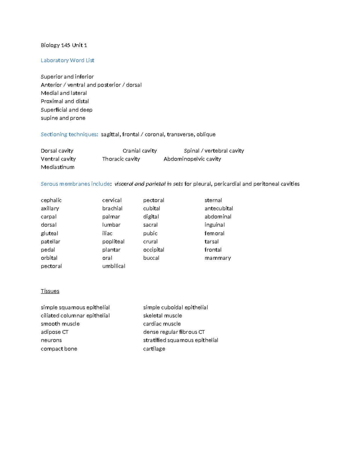 Biology 145 Unit 1 Lab Word List & Terminology Guide - Studocu