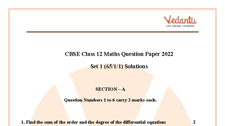 Class 12 Maths 2022 Set-1 (65 1 1) Solutions to Question Paper - Studocu