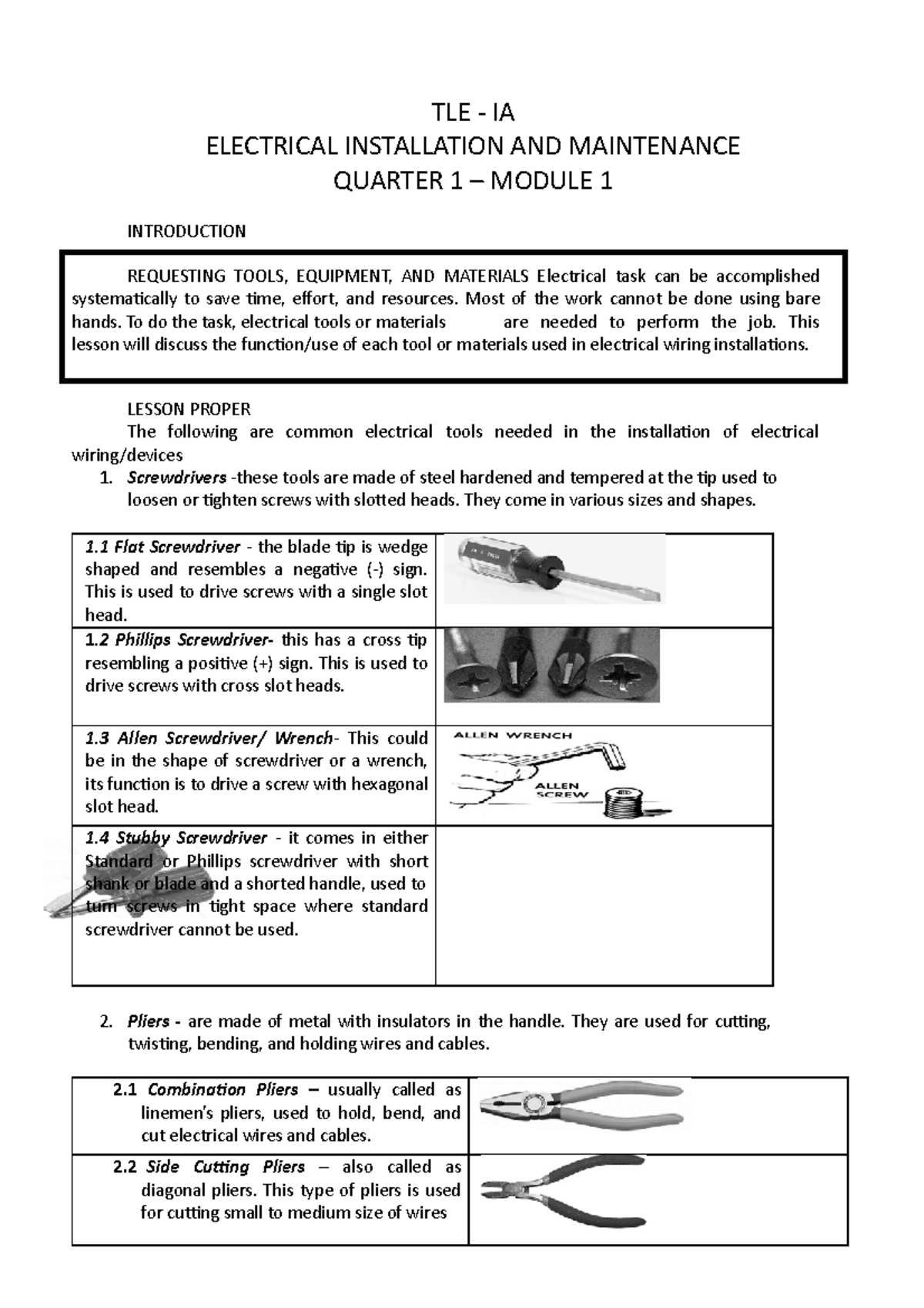 TLE EIM Q1 Module 1: Introduction to Electrical Tools and Materials ...