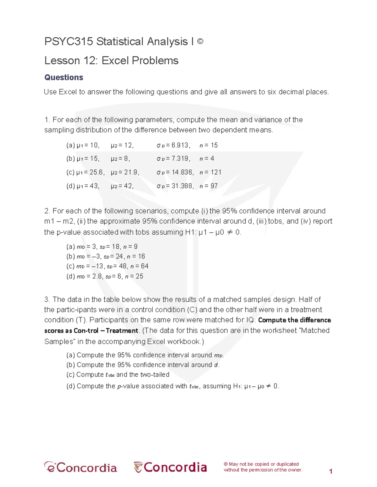 PSYC315 Lesson 12: Solving Excel Problems for Statistical Analysis ...