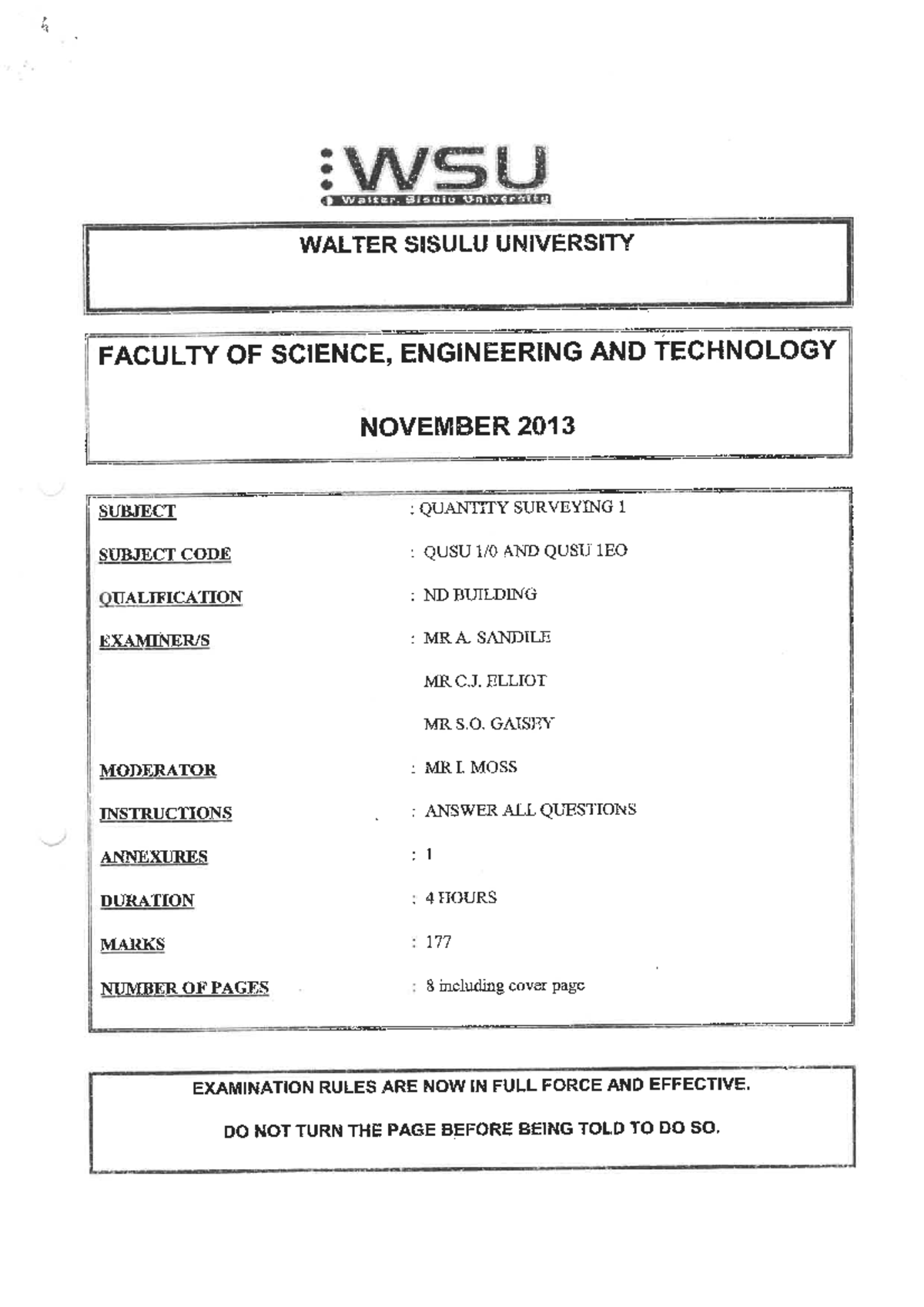 WSU QUSU 1: Quantity Surveying 1 Past Exam Paper Notes (Nov 2013) - Studocu