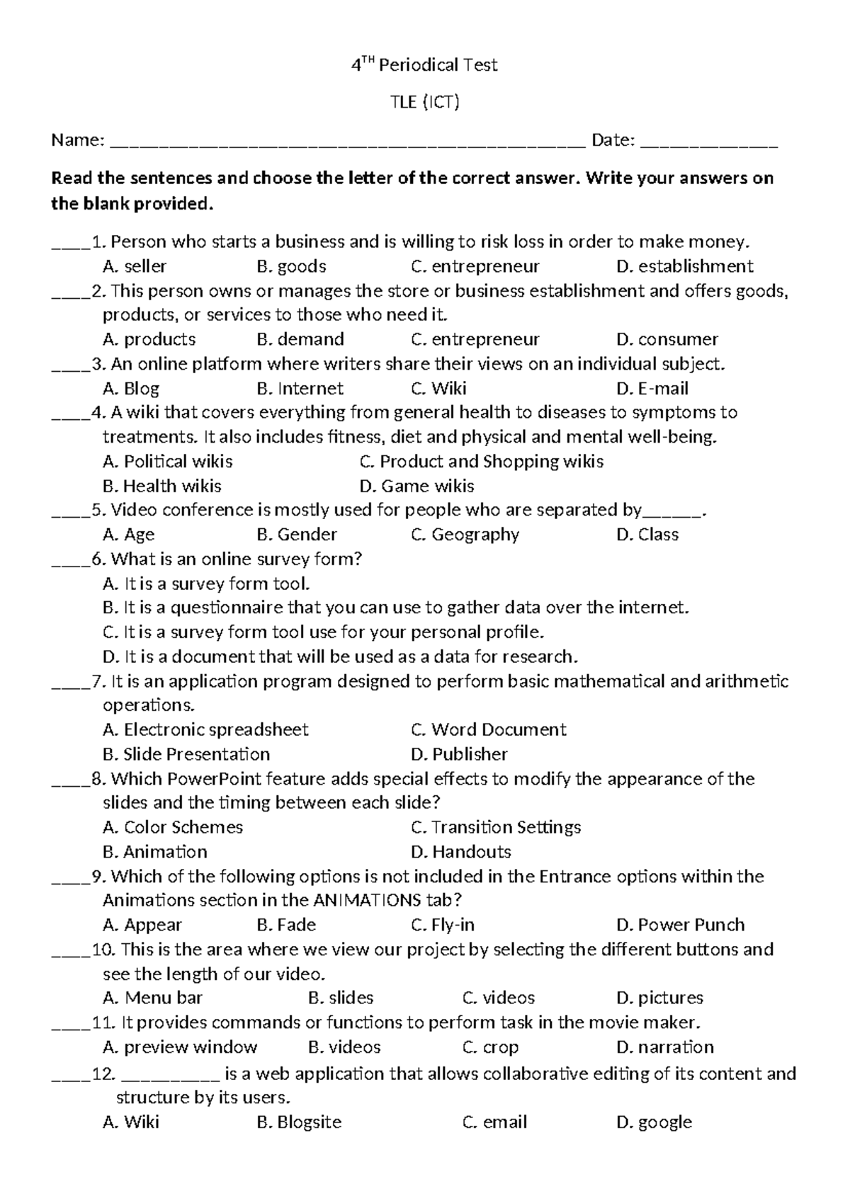 TLE 4TH PT V - TLE 4TH PERIODICAL TEST - 4 TH Periodical Test TLE (ICT ...