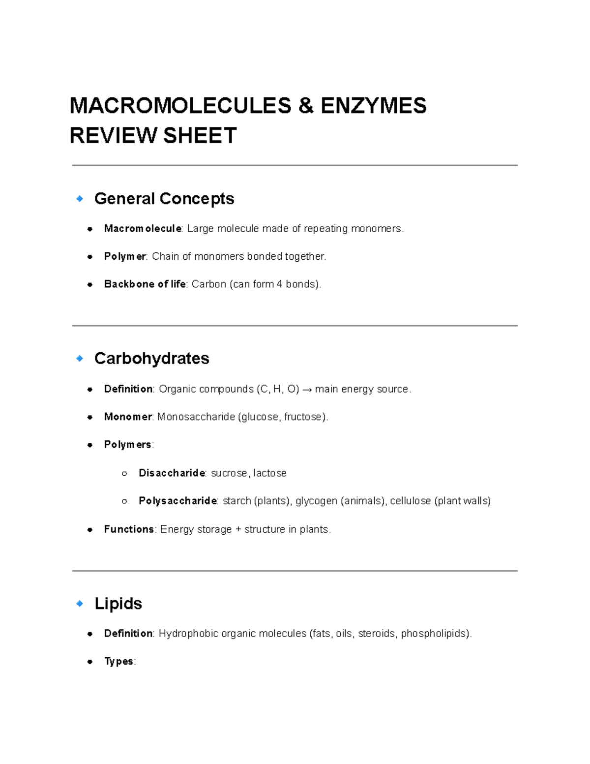 Biology 101: Macromolecules & Enzymes Review Sheet - Studocu