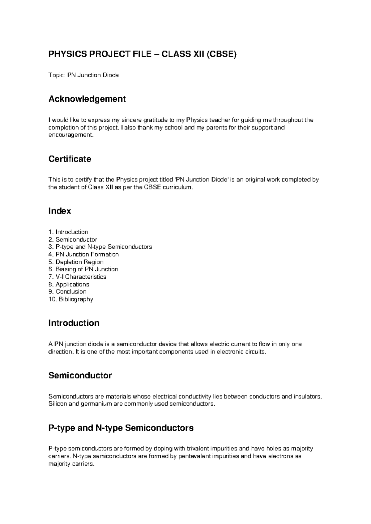 PN Junction Diode Project Report for Class XII (CBSE) - Studocu