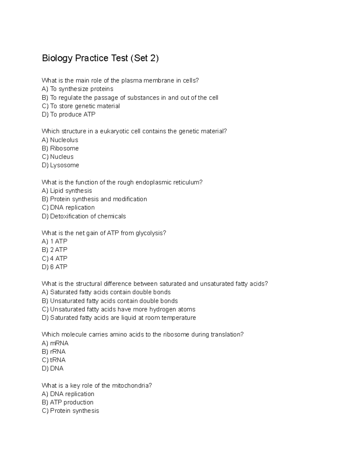 Biology Practice Test (Set 2) - Practice Questions and Answers - Studocu