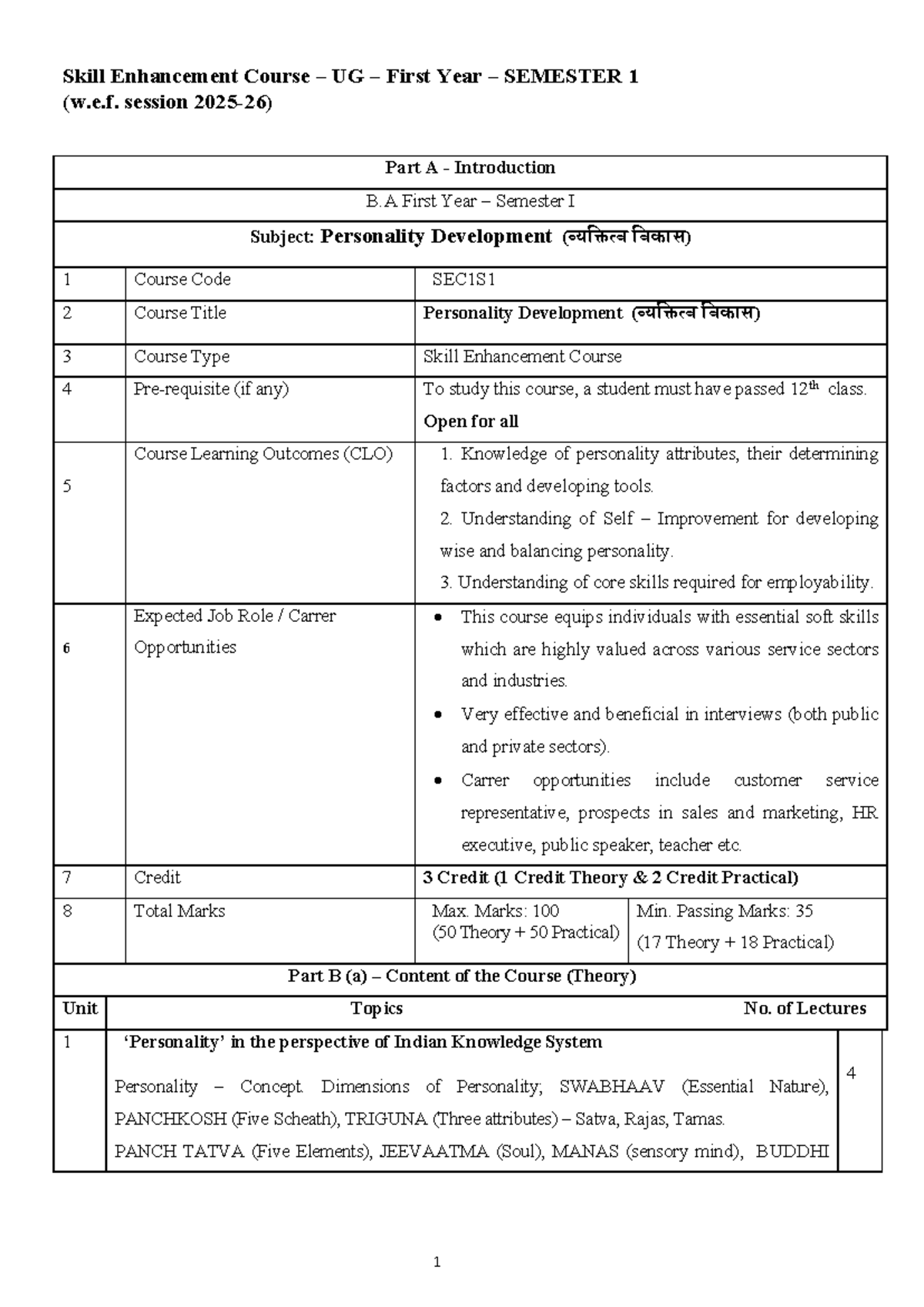 SEC1S1 Personality Development Course Syllabus & Assignments - Studocu