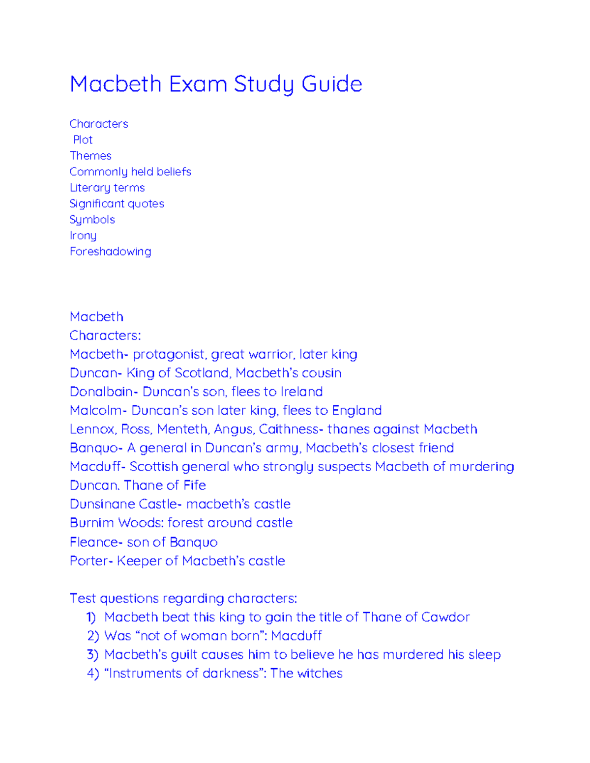 Macbeth (ENG 101) Final Exam Study Guide: Key Characters & Themes - Studocu