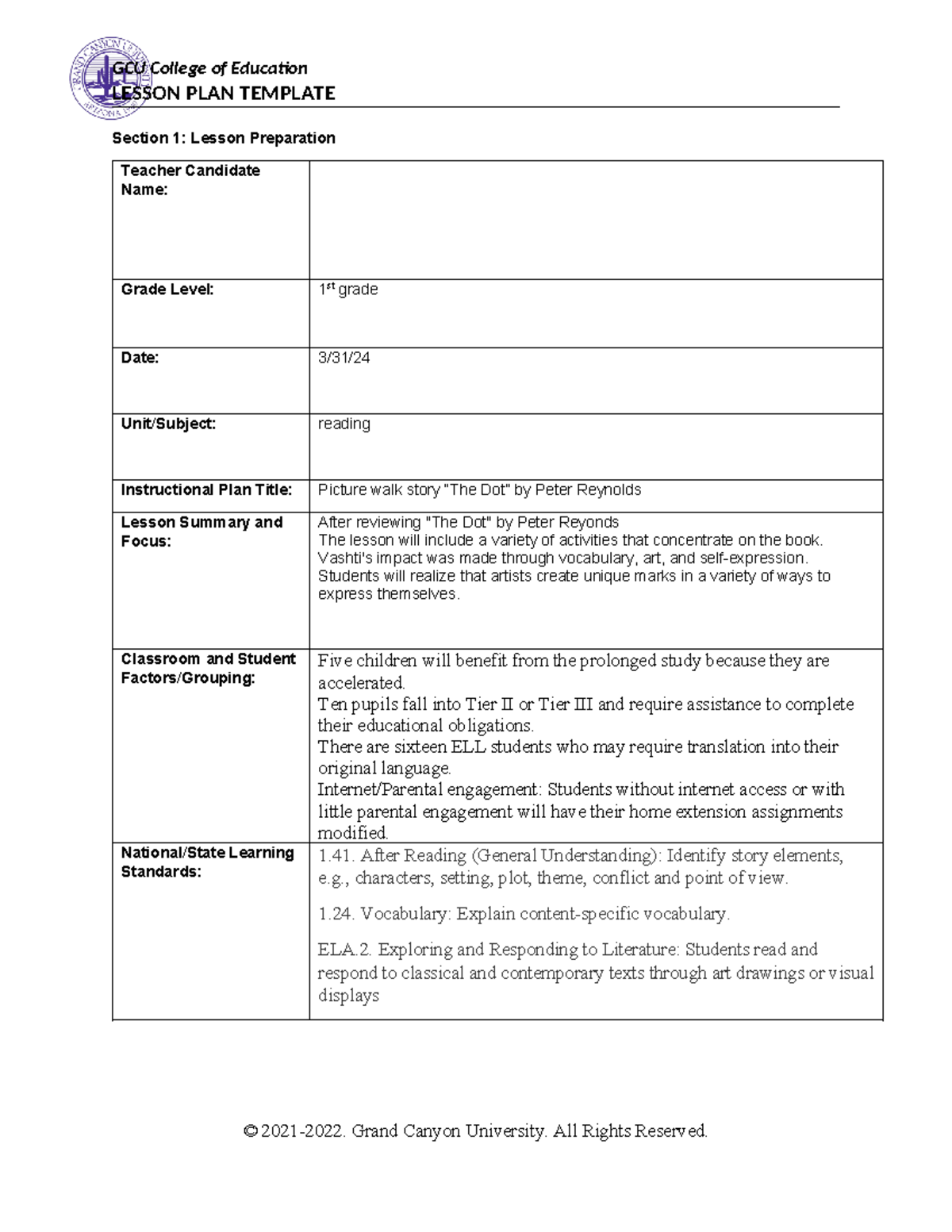 ELM 480 - Lesson Plan for Reading "The Dot" by Peter Reynolds - Studocu