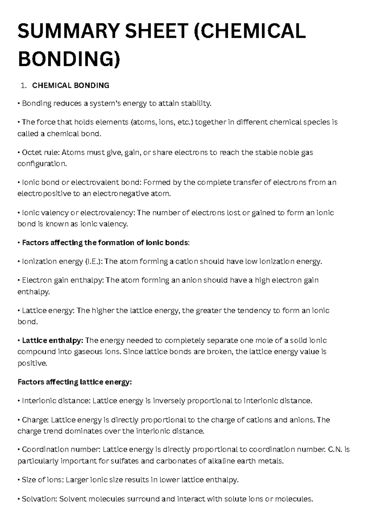 Summary Sheet: Chemical Bonding Concepts (CHEM 101) - Studocu