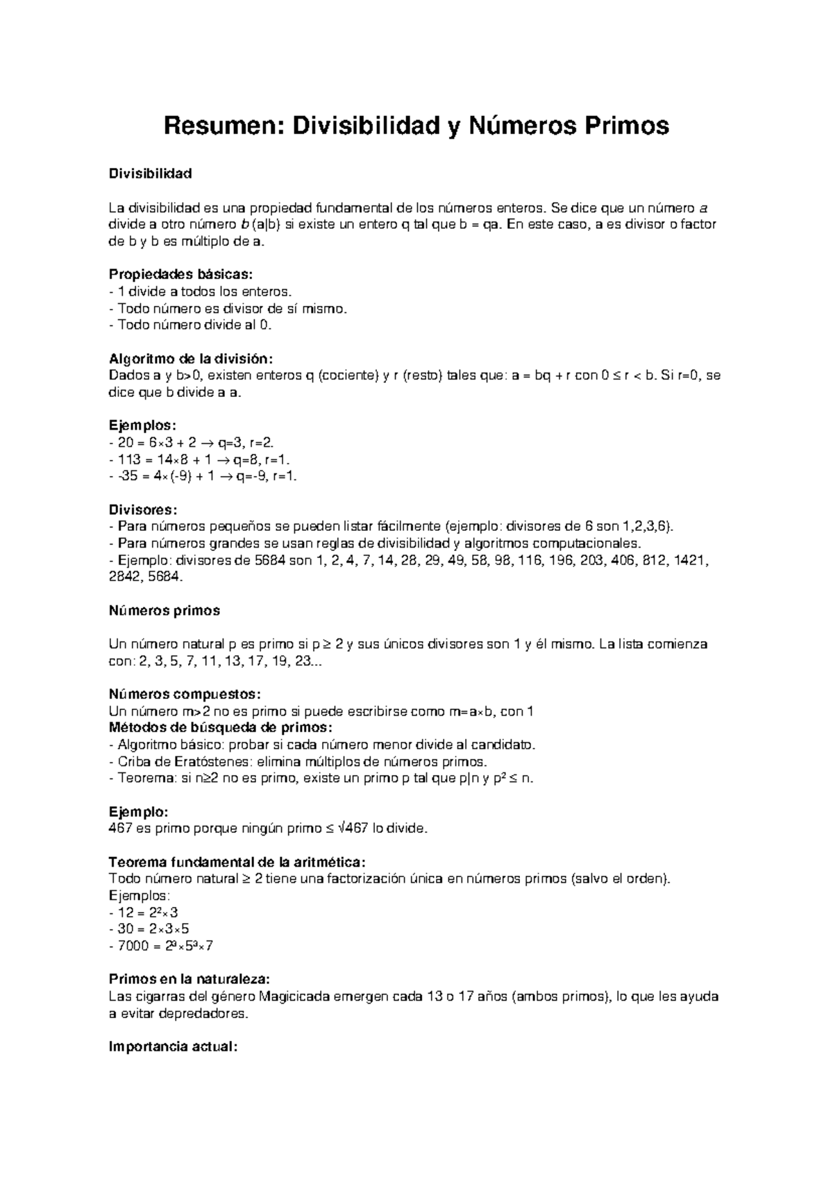 Resumen: Divisibilidad y Números Primos en Matemáticas - Studocu