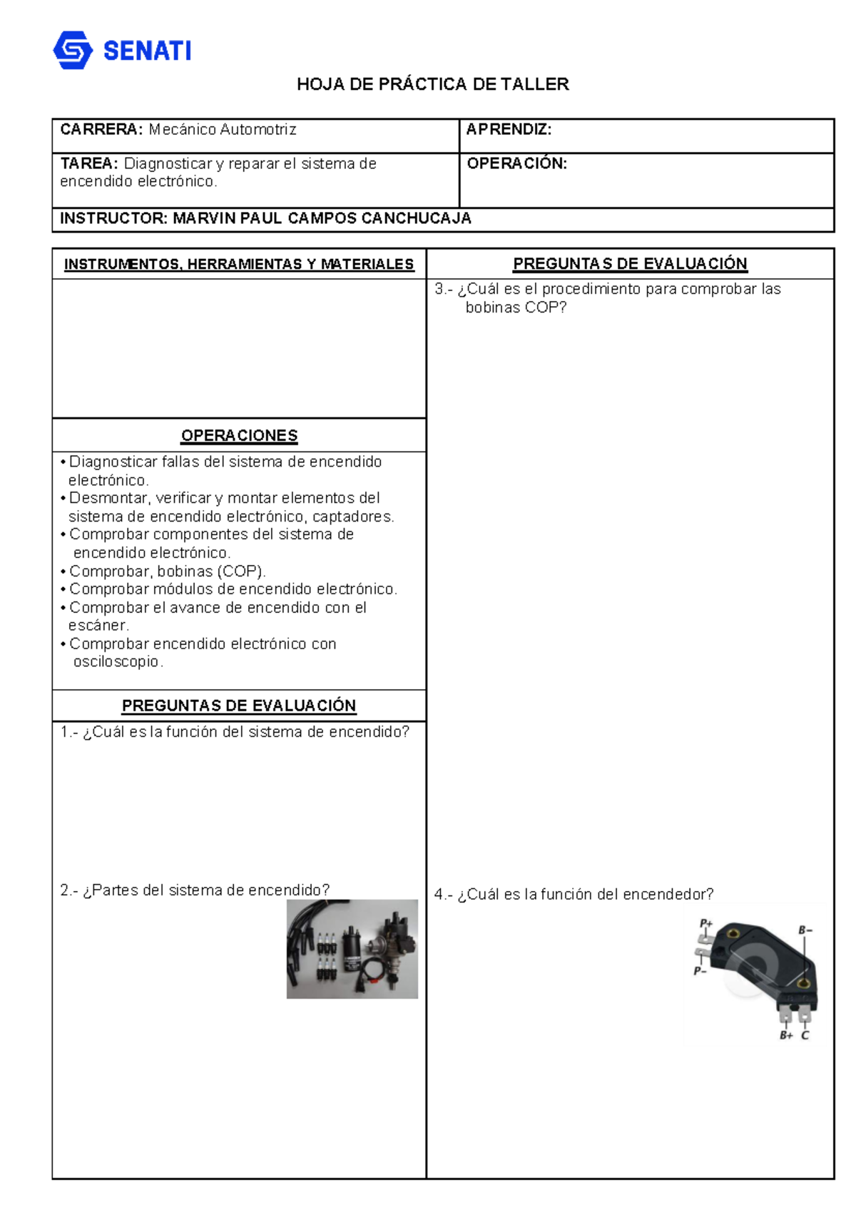 HOJA DE PRÁCTICA: Diagnóstico y Reparación del Sistema de Encendido ...