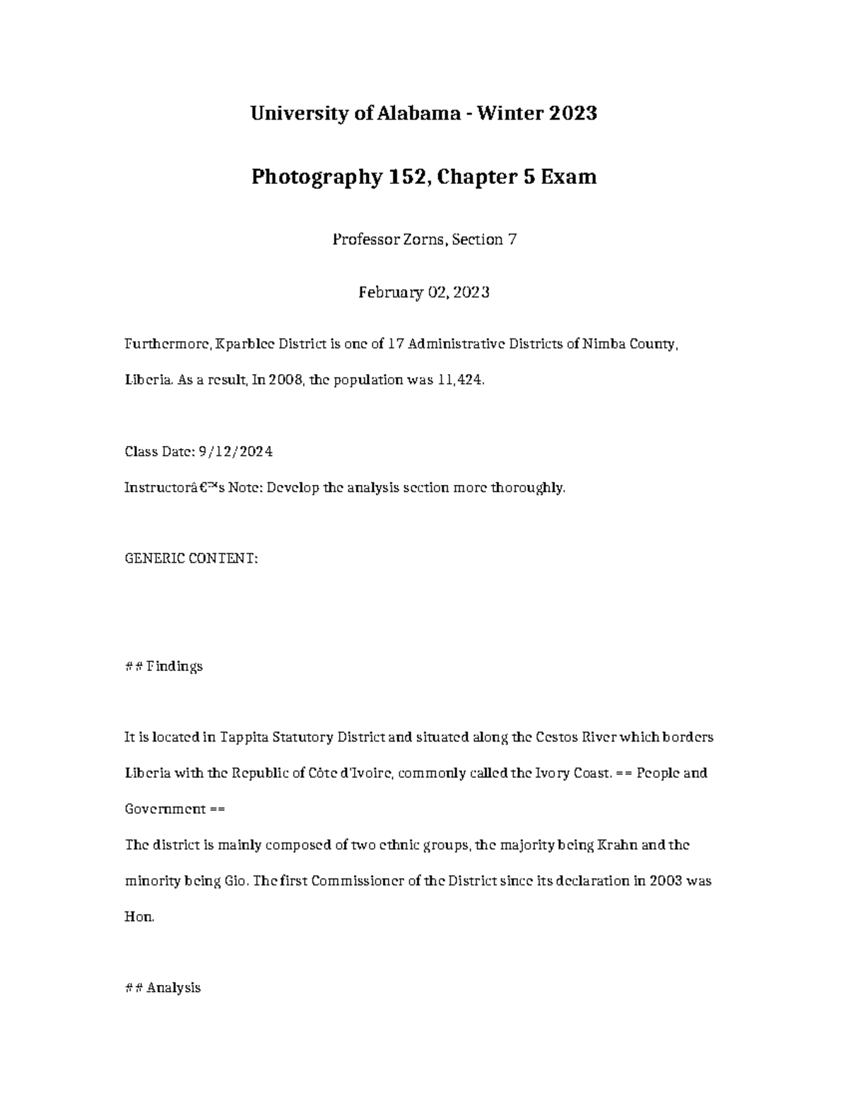 Photography 152 Chapter 5 EXAM - University of Alabama - Winter 2023 ...