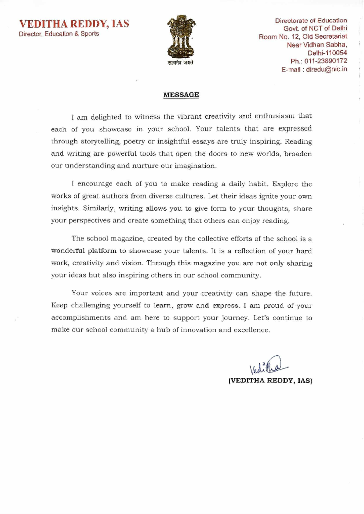 Respected Director Education MA'AMS Message FOR Magazine - VEDITHA ...