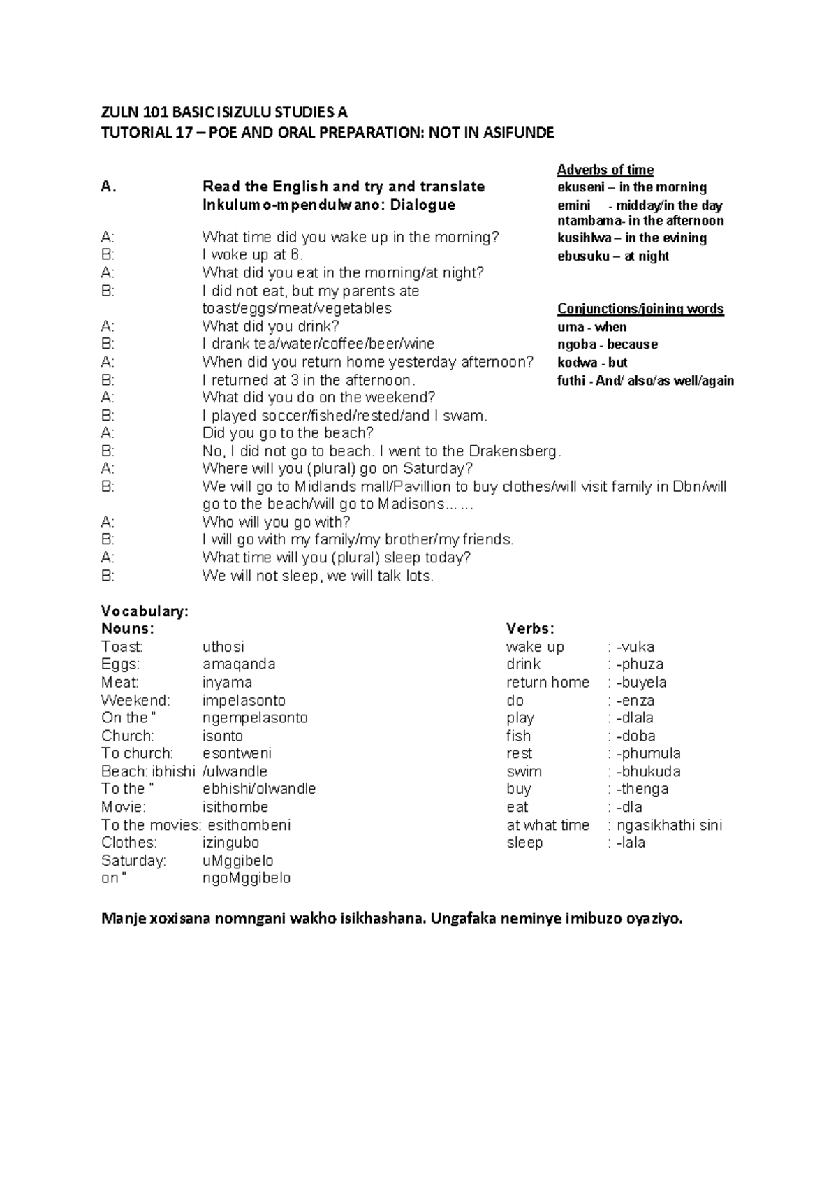 ZULN 101 Tutorial 17: POE and Oral Prep for Basic Isizulu Studies - Studocu