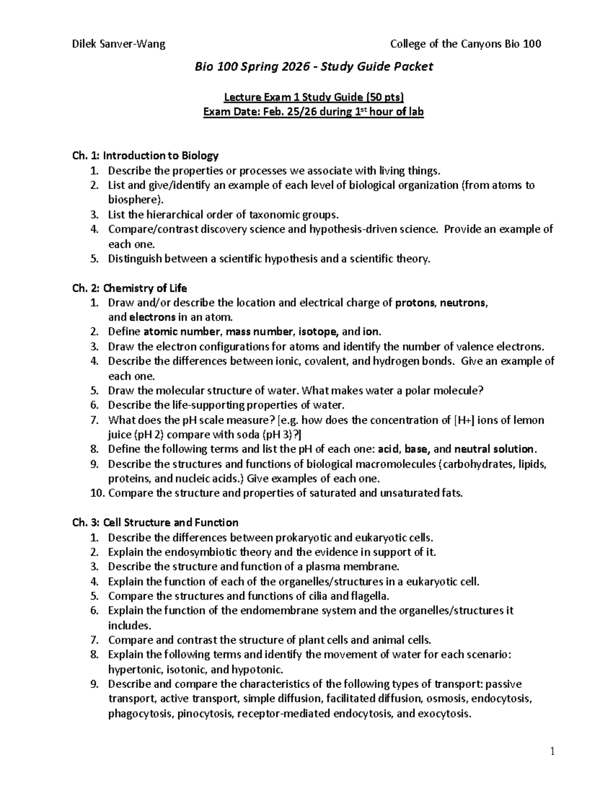 Bio 100 Spring 2026 - Lecture Exam Study Guide - Studocu