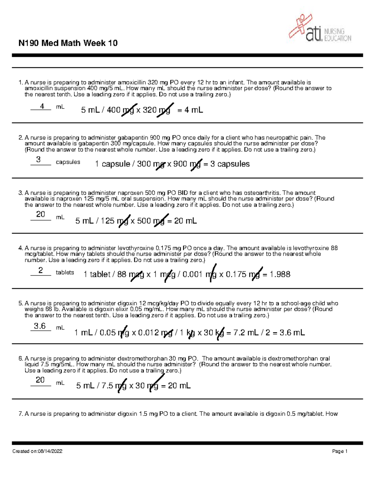 N190 Med Math Week 10 - Medication Dosage Calculations - Studocu