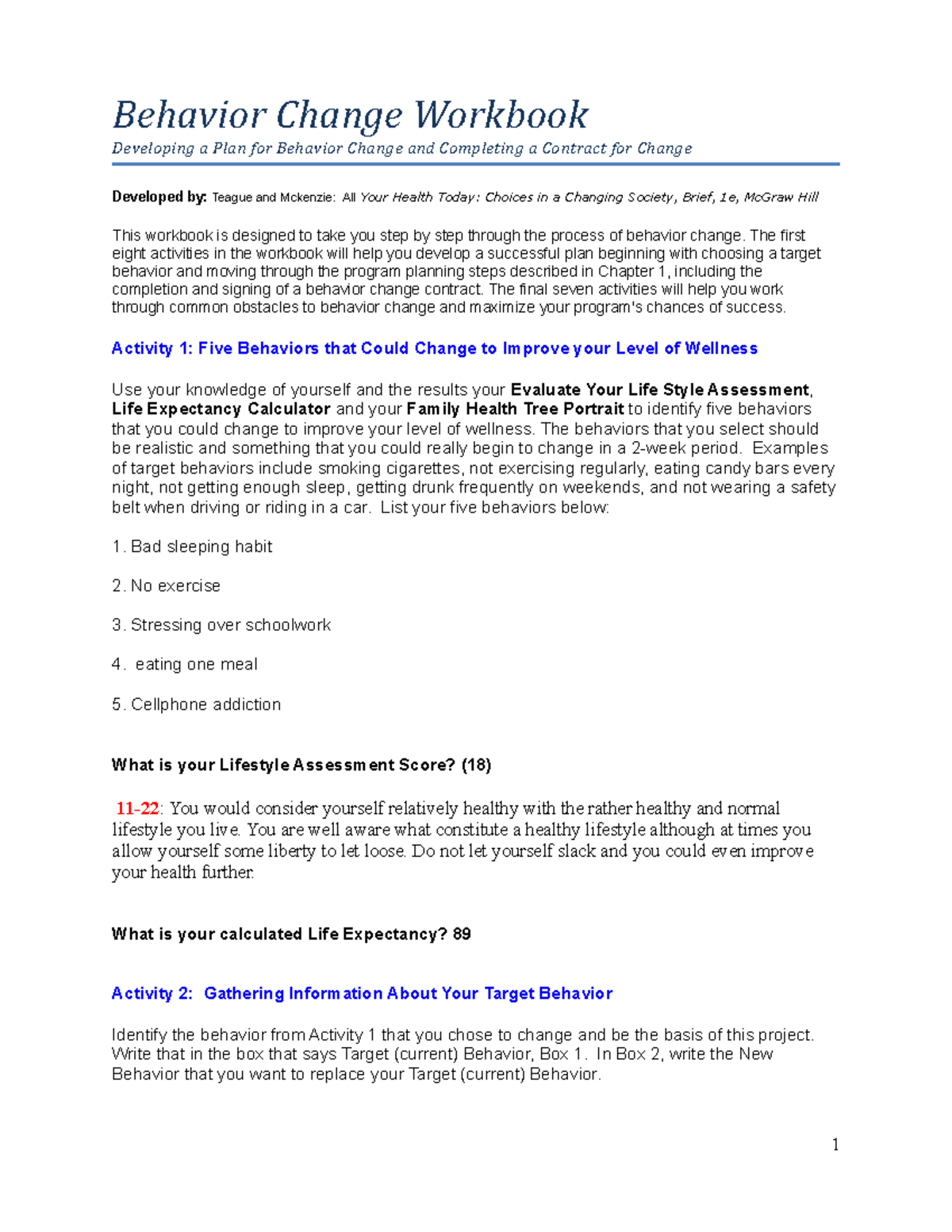 Behavior Change Workbook for Psychology 101: Final Project - Studocu
