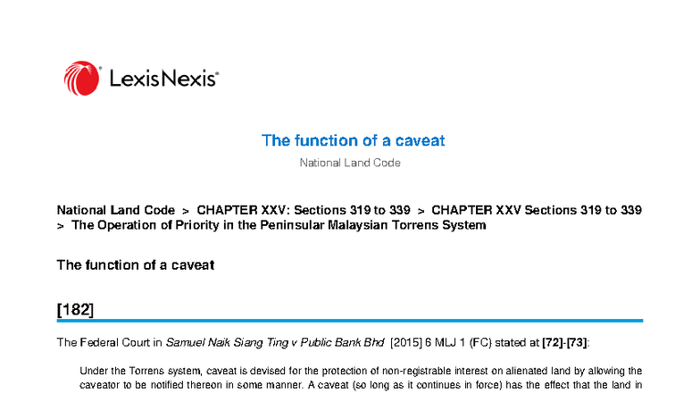 The Function of a Caveat in the National Land Code (NLC) CH XXV - Studocu