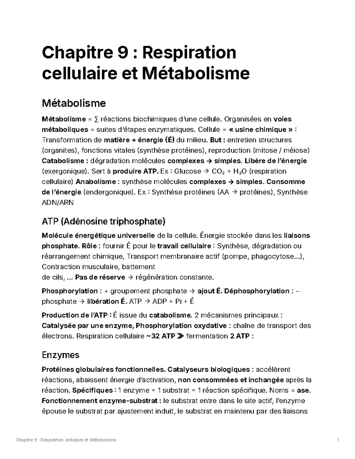 Chapitre 9 : Respiration Cellulaire et Métabolisme - Notes Essentielles ...