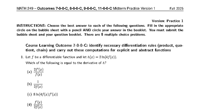 MATH 249 Midterm 2 Practice Questions Fall 2025 - Studocu