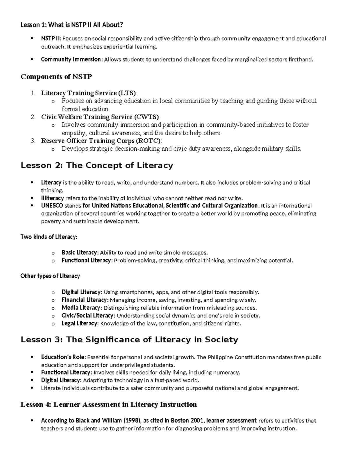 NSTP Reviewer: Key Lessons on Civic Engagement and Literacy (NSTP I ...