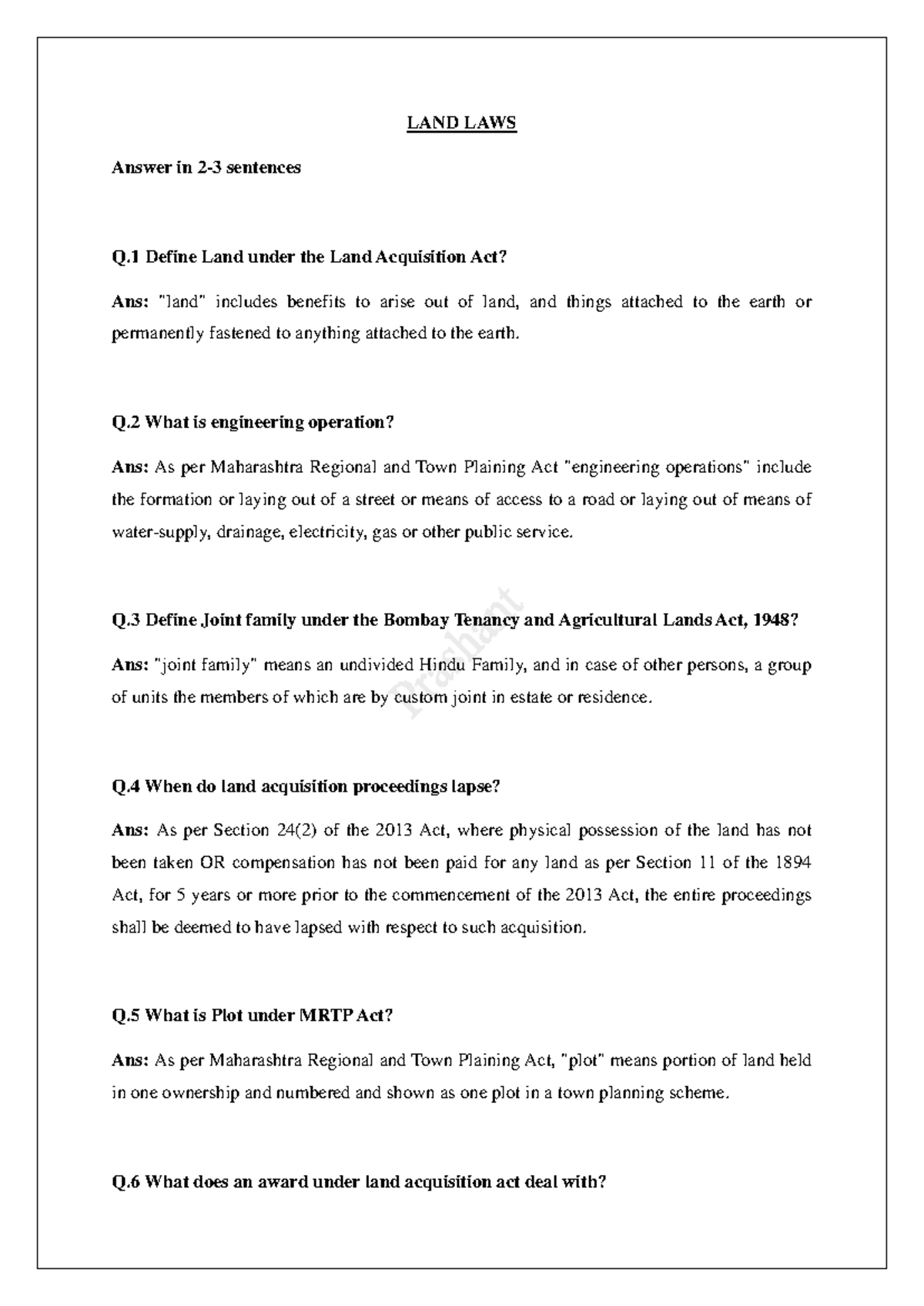 Land Laws Notes: Key Definitions and Concepts (Course Code: 859759753 ...